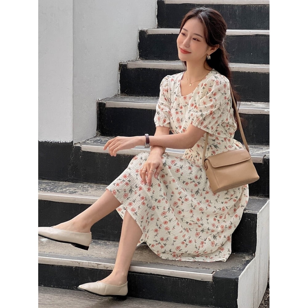 Beige Allover Floral Print Puff Sleeve Tie Back Sundress For Women ...