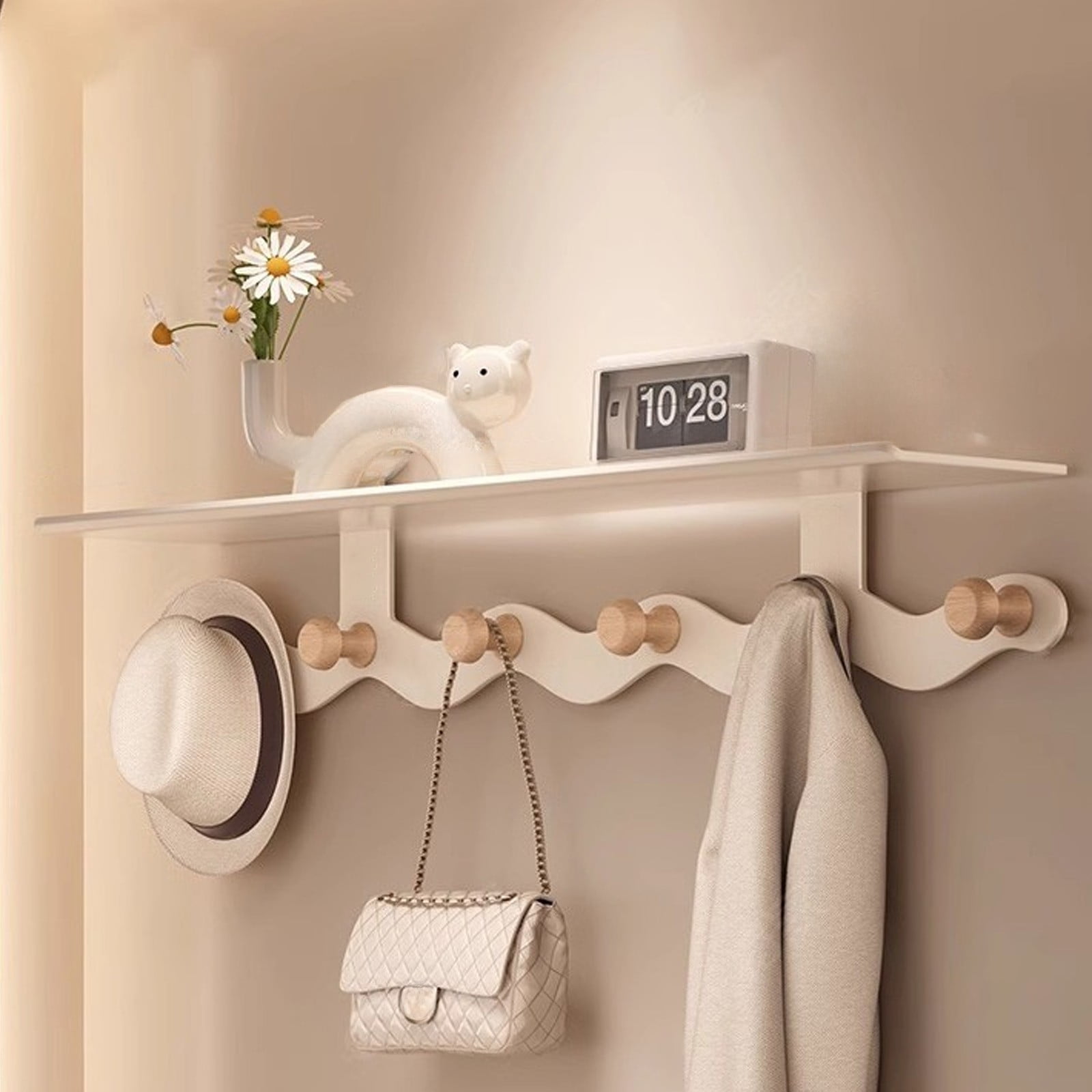 Beige Alloy & Wood Wall Mounted Coat Hook Rack | 5 or 6 Hook Organizer ...