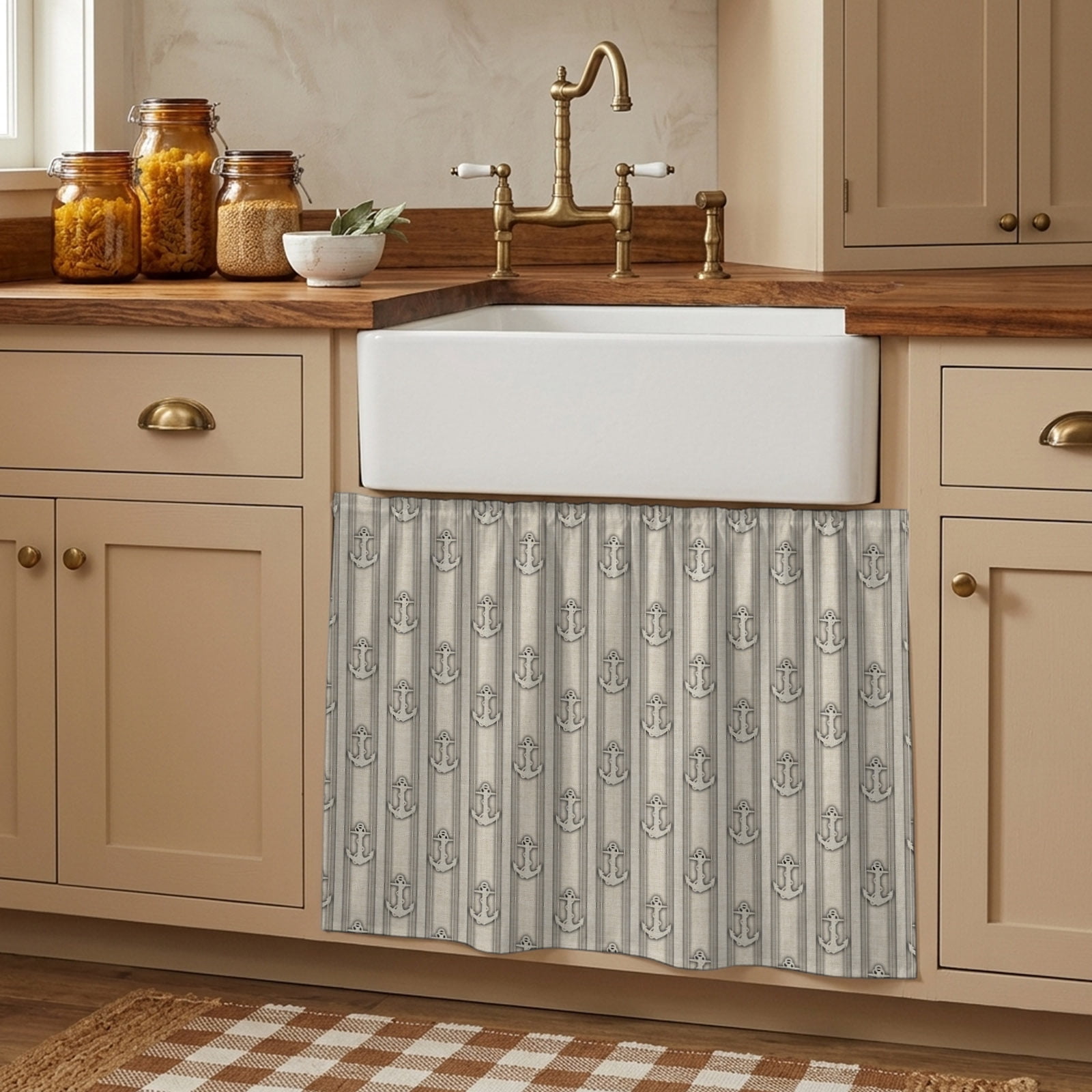 Beige Anchor Nautical Small Cabinet Curtains 10.8"W x 13.4"L, Coastal ...