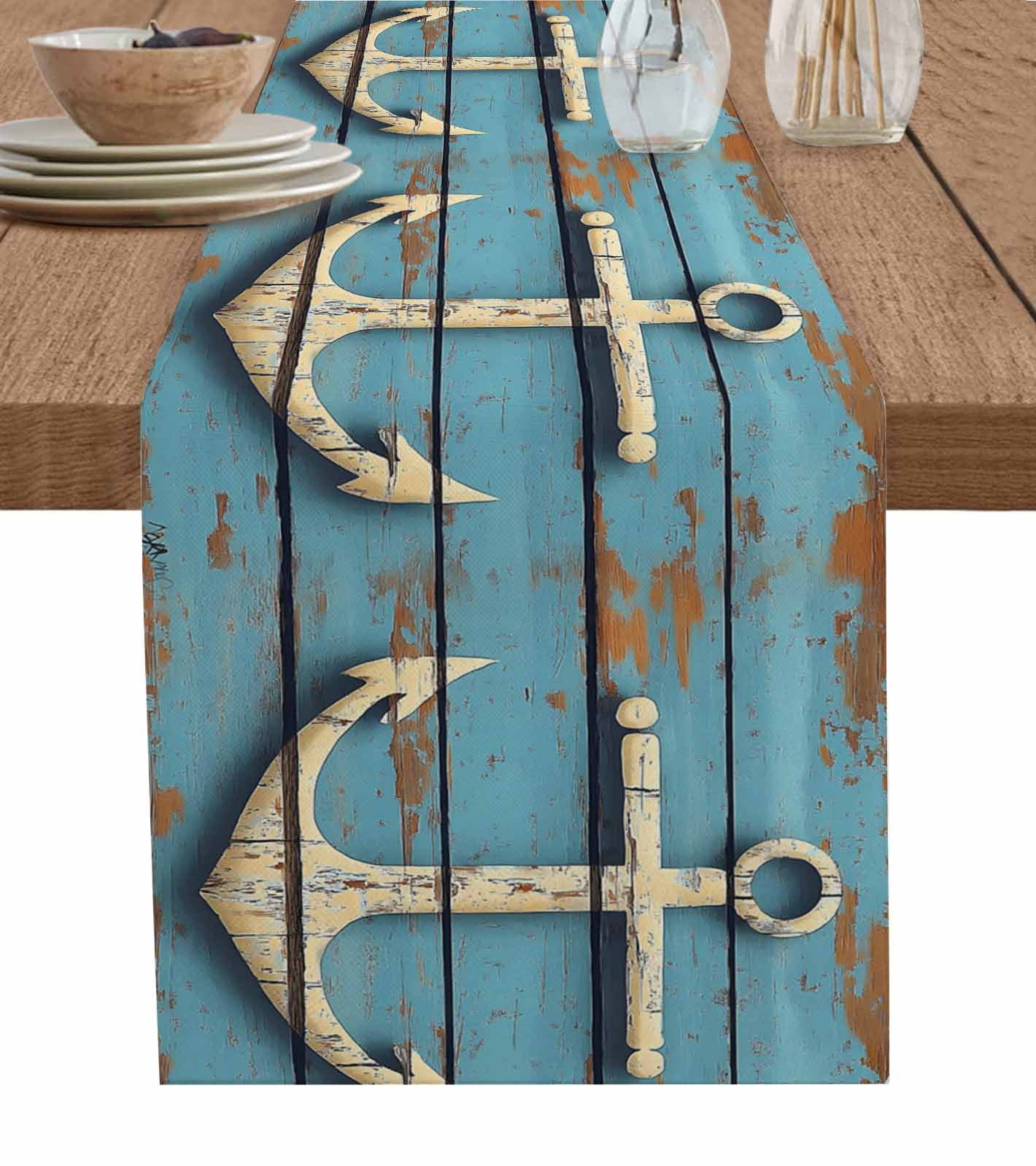 Beige Anchor Nautical Table Runner 72 Inches, Vintage Farmhouse Blue ...