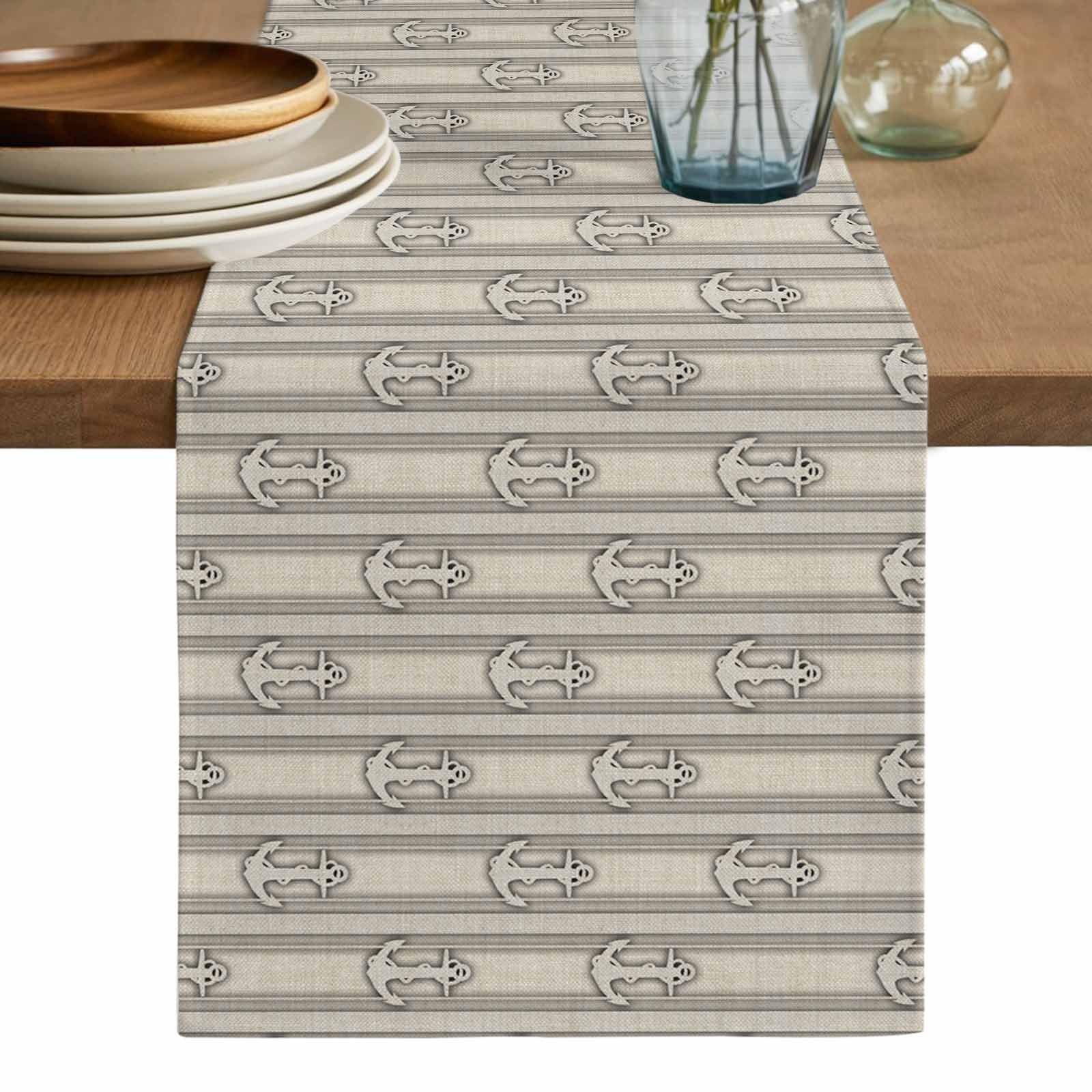 Beige Anchor Nautical Table Runner, Coastal Ocean Blue Striped Washable ...