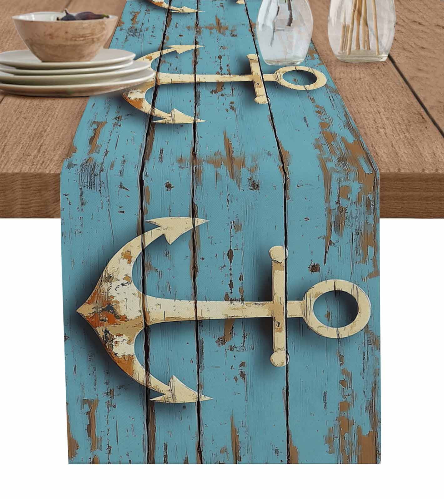 Beige Anchor Table Runner 72 Inches, Nautical Vintage Blue Wooden ...