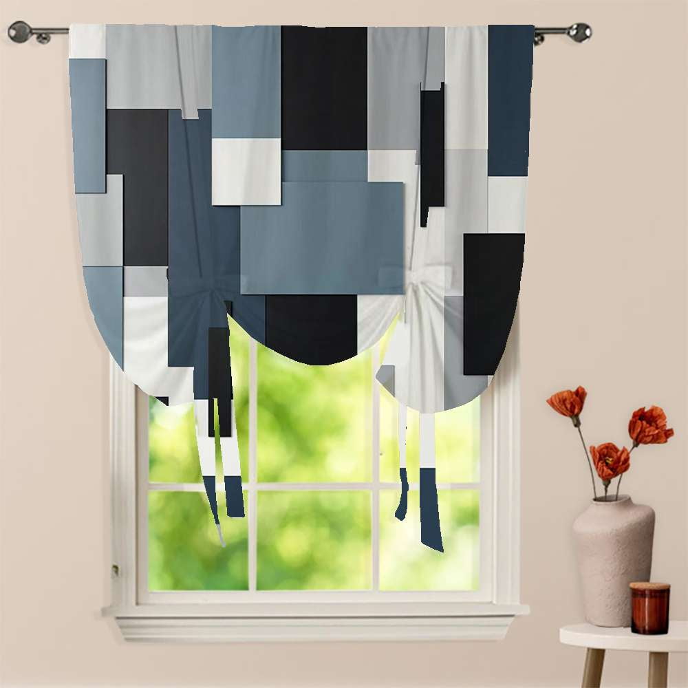 Beige And Black And Blue Squares Window Curtain for Living Room Roman ...