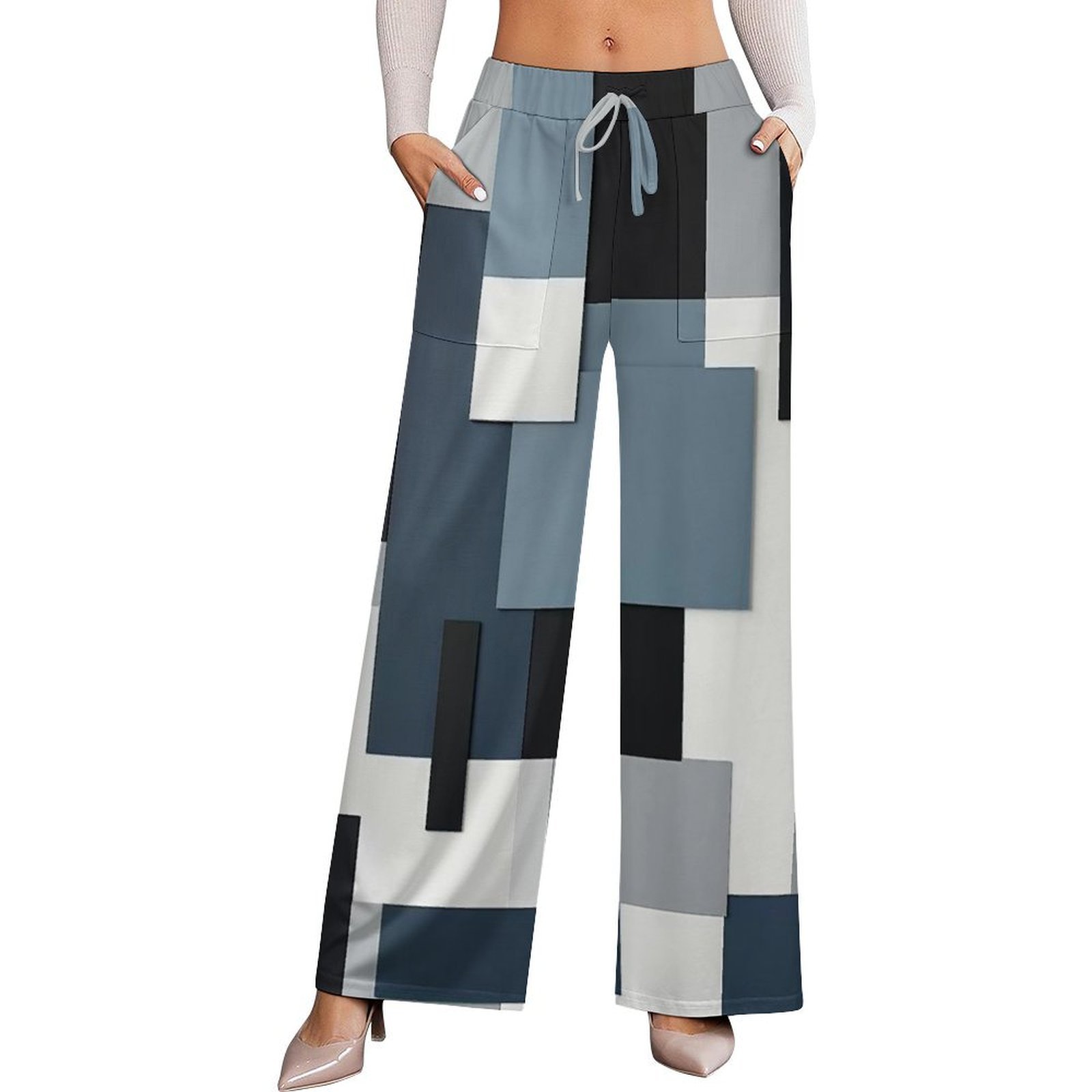 Beige And Black And Blue Squares Women's Casual Wide Leg Pants Comfort ...