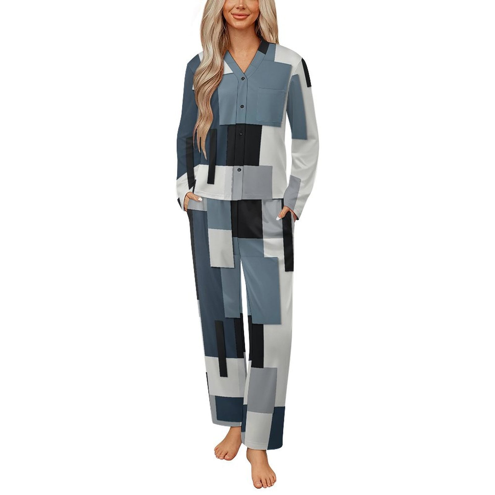 Beige And Black And Blue Squares Womens Pyjamas Set Button Up Pyjamas ...