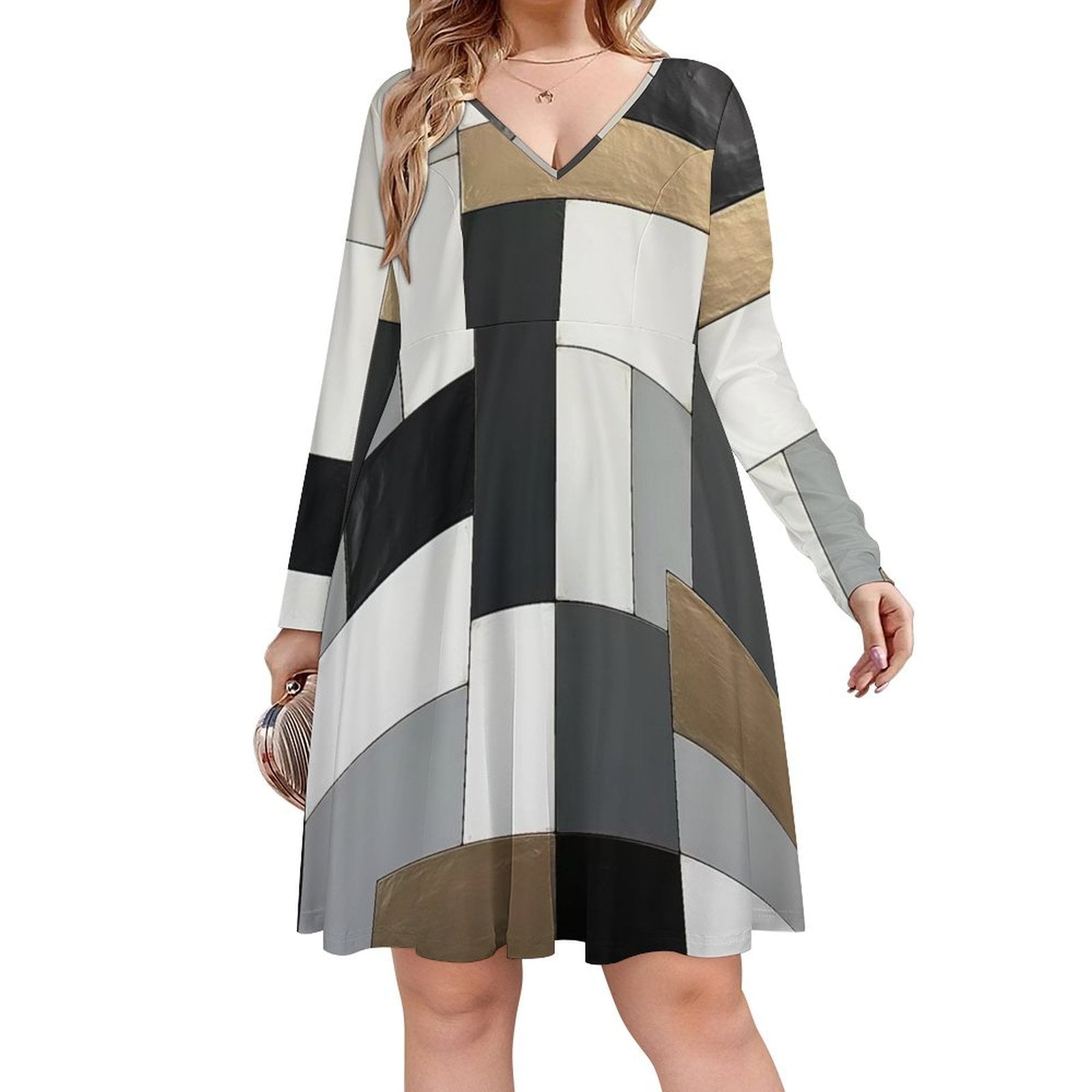 Beige And Black And Golden Squares Long Sleeve Dresses For Women ...