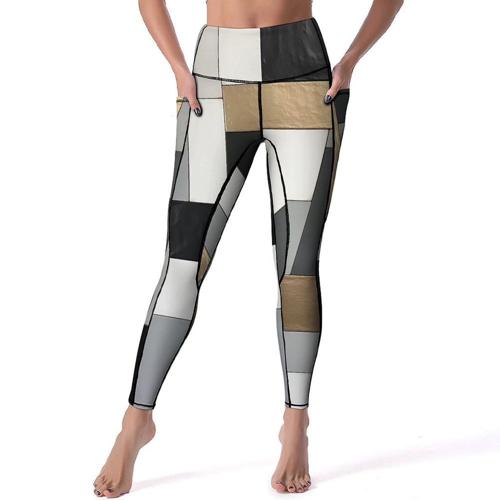 Beige And Black And Golden Squares Pants Leggings for Fitness Fitness ...