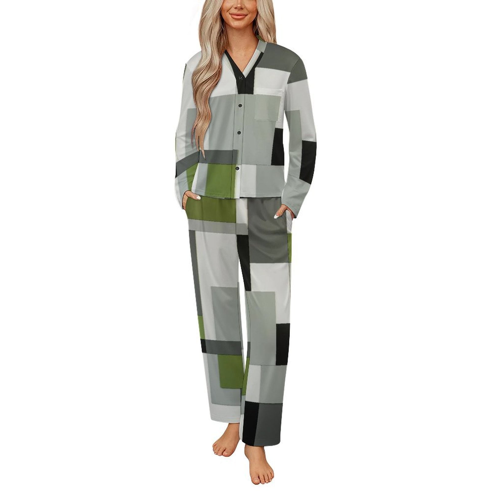 Beige And Black And Green Squares Womens Pyjamas Set Button Up Pyjamas ...