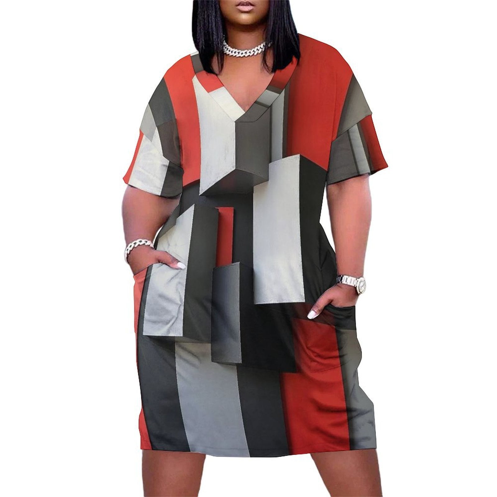 Beige And Black And Red Squares Loose Pocket Dress Dresses Summer ...