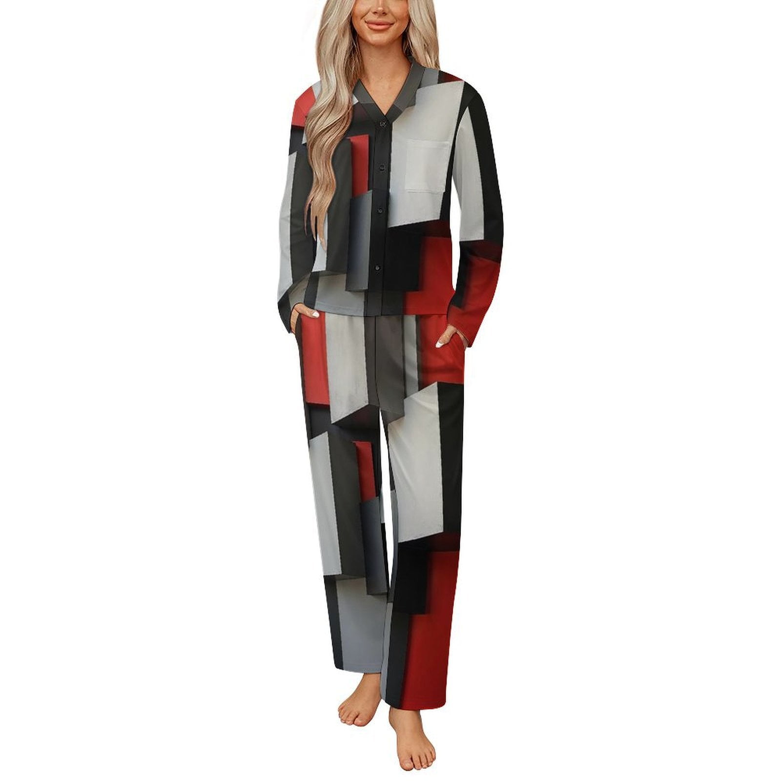 Beige And Black And Red Squares Womens Pyjamas Set Button Up Pyjamas ...