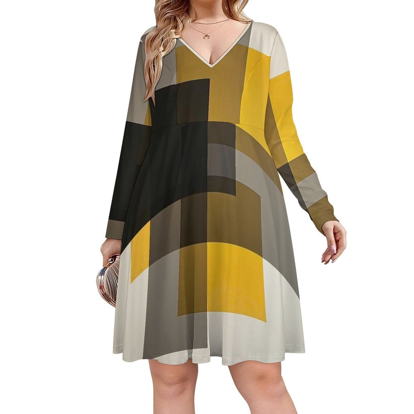 Beige And Black And Yellow Squares Long Sleeve Dresses For Women ...