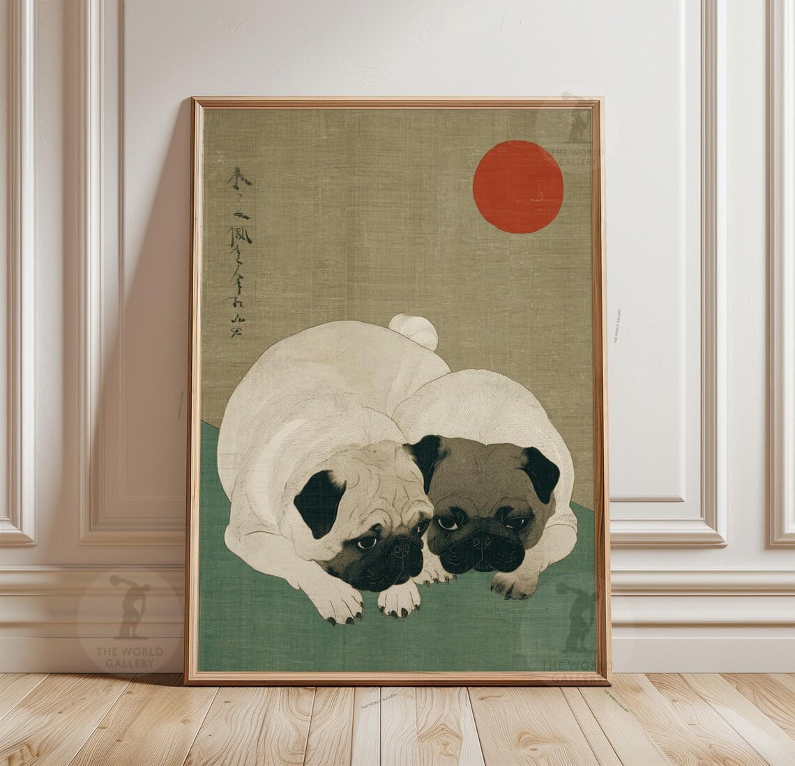Beige And Black Pug Japanese Woodblock Style Red Sun Animal Wall Art ...