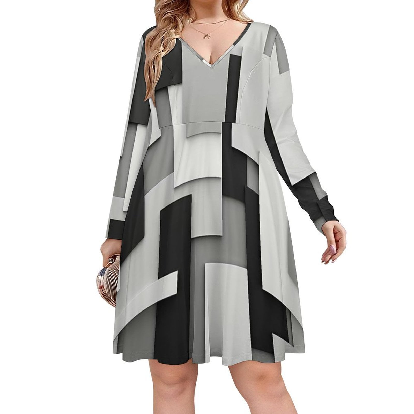 Beige And Black Squares Long Sleeve Dresses For Women Vintage Elegant ...