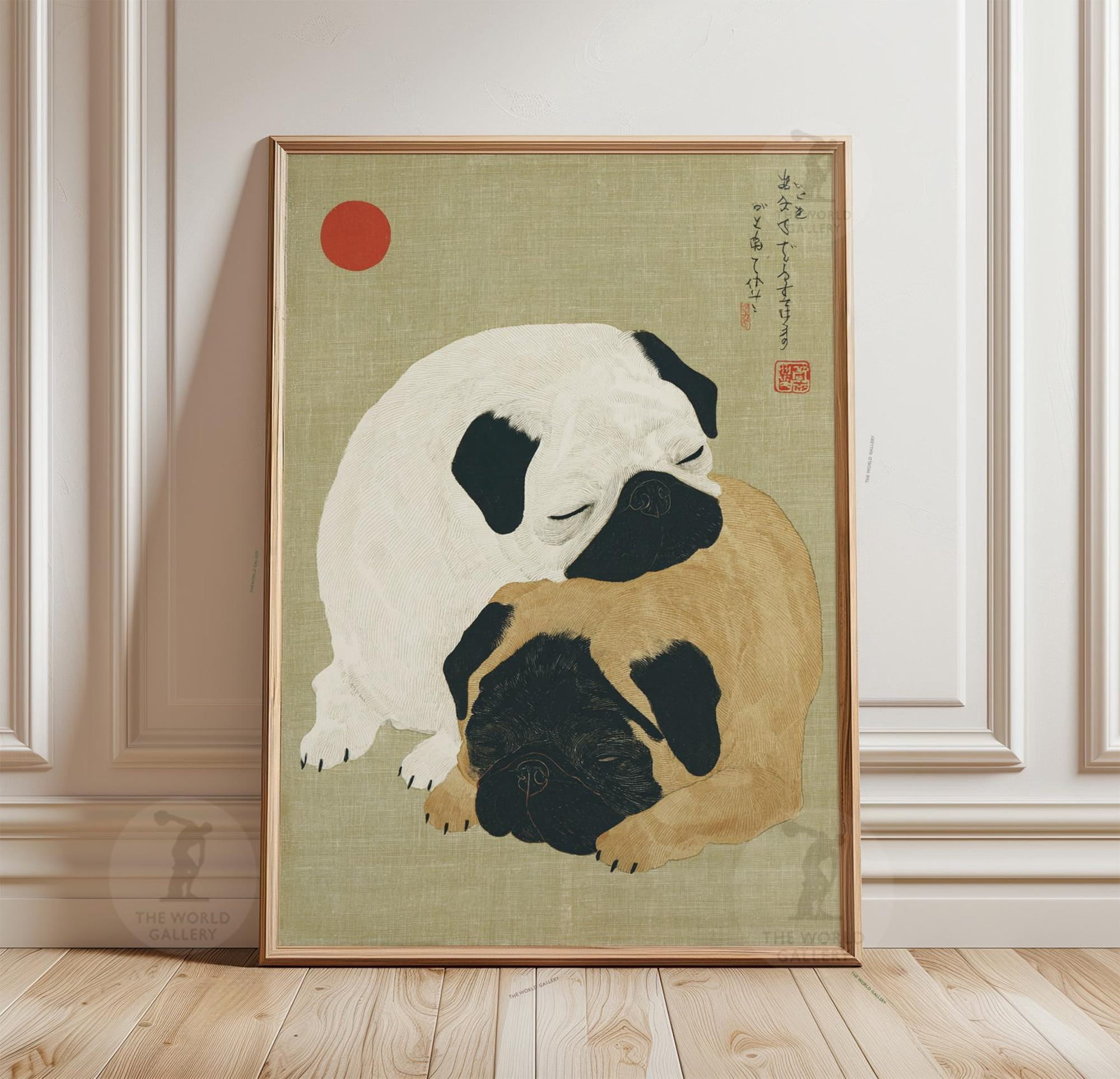 Beige And Fawn Pug Japanese Woodblock Style Animal Illustration Red Sun ...