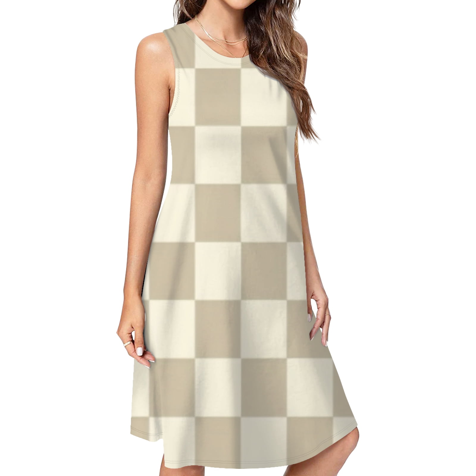 Beige And White Checkered Pattern Casual Sleeveless Loose Sundress ...