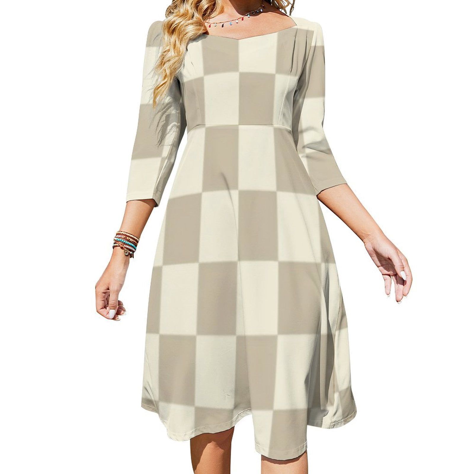 Beige And White Checkered Pattern Flare Dress Square Neck Dress Elegant ...