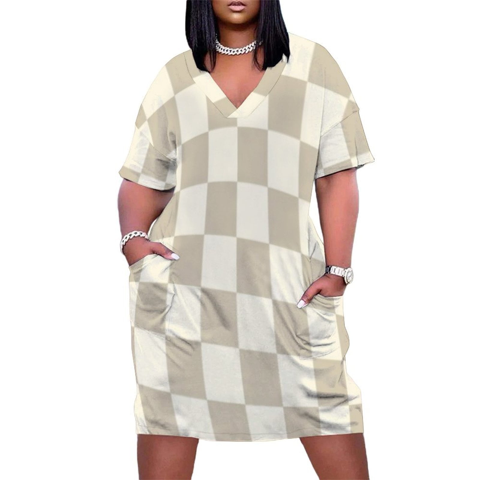 Beige And White Checkered Pattern Loose Pocket Dress Dresses Summer ...