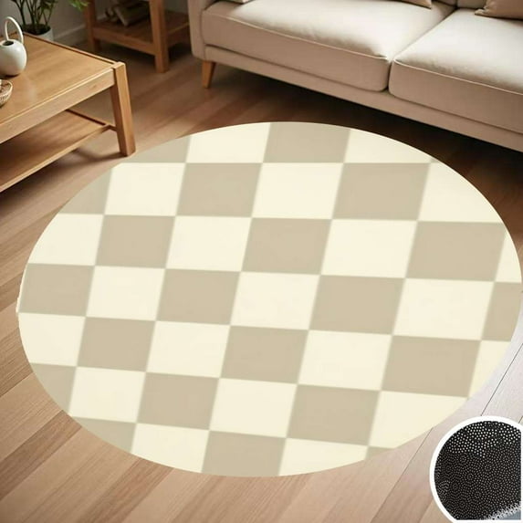 Beige And White Checkered Pattern Round Carpet Living Room Bedroom Home ...