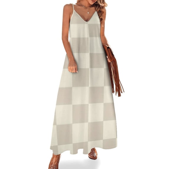 Beige And White Checkered Pattern Sleeveless Dress Women's Evening ...