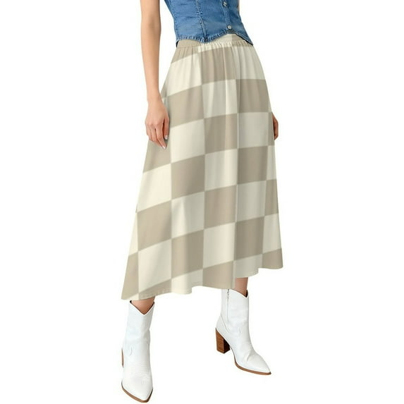 Beige And White Checkered Pattern Women High Waist Midi Skirt Elegant ...