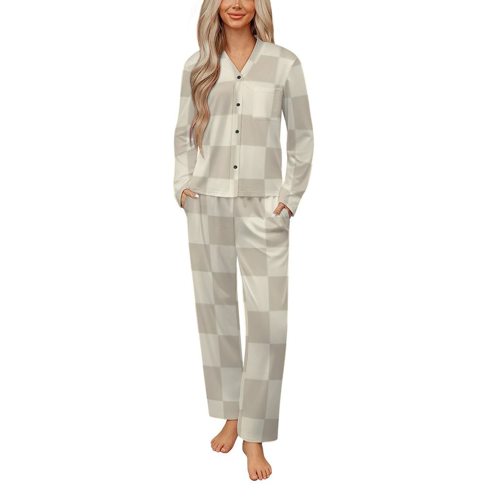 Beige And White Checkered Pattern Womens Pyjamas Set Button Up Pyjamas ...