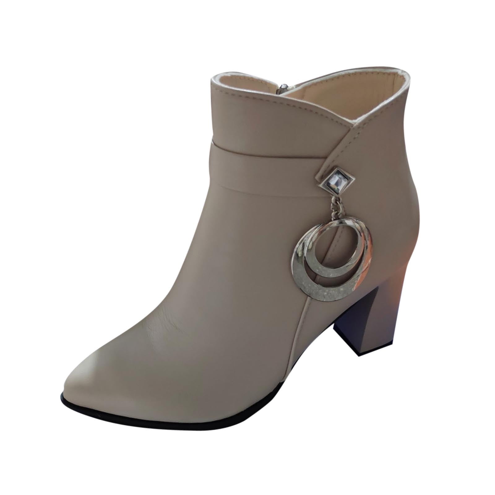 Beige Ankle Boots For Women With Pointed Toe And Metal Ring Decor ...