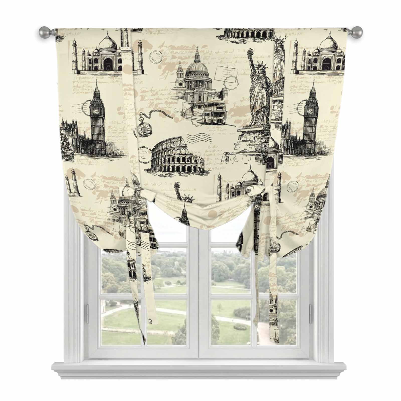 Beige Architecture Tie Up Curtains for Window, Thermal Insulated ...