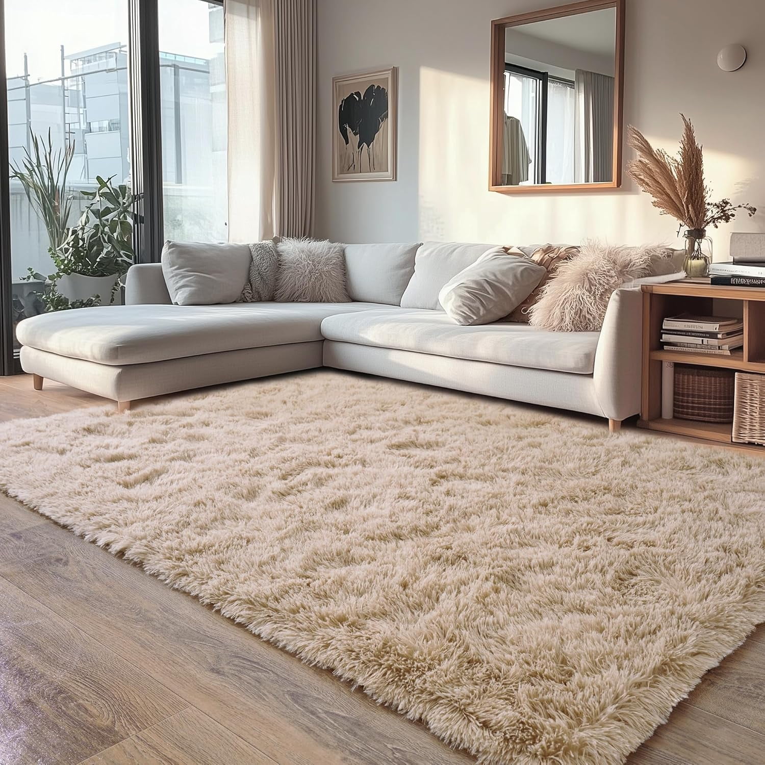 Beige Area Rug for Bedroom Living Room, 5x7 Feet Soft Fluffy Fuzzy Rug ...