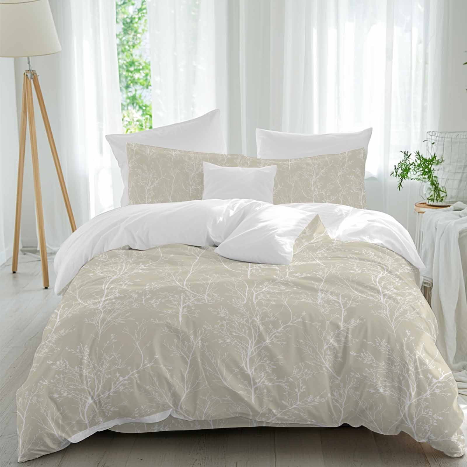 Beige Art 4 Piece Duvet Cover Set Full Size White Tree Branch Botanical ...