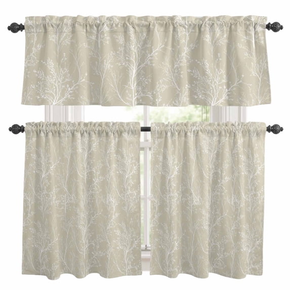 Beige Art Kitchen Curtains Set for Windows, White Tree Branch Botanical ...