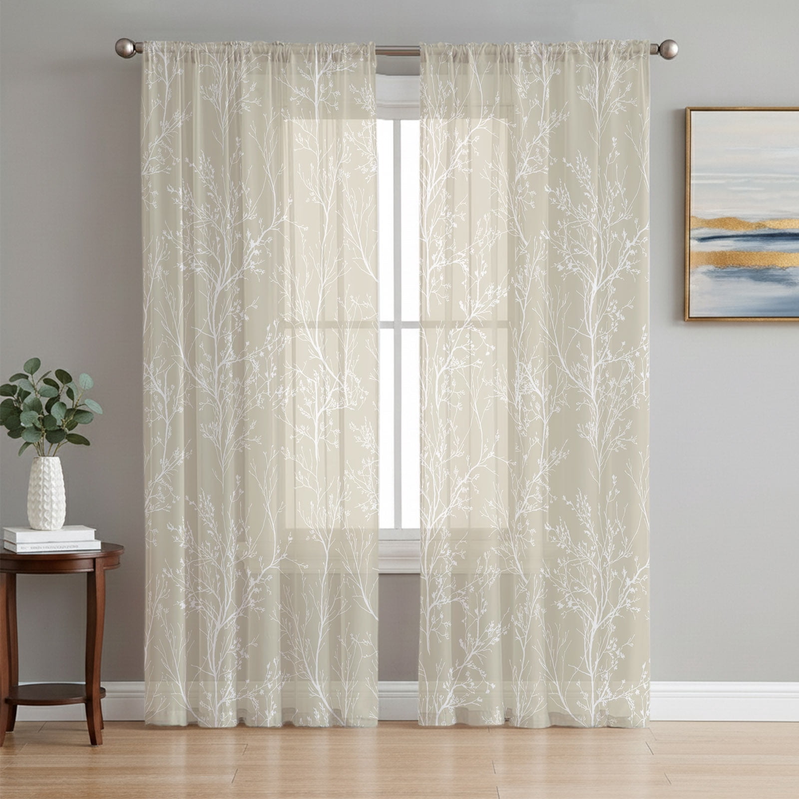 Beige Art Sheer Curtains for Living Room Bedroom, White Tree Branch ...