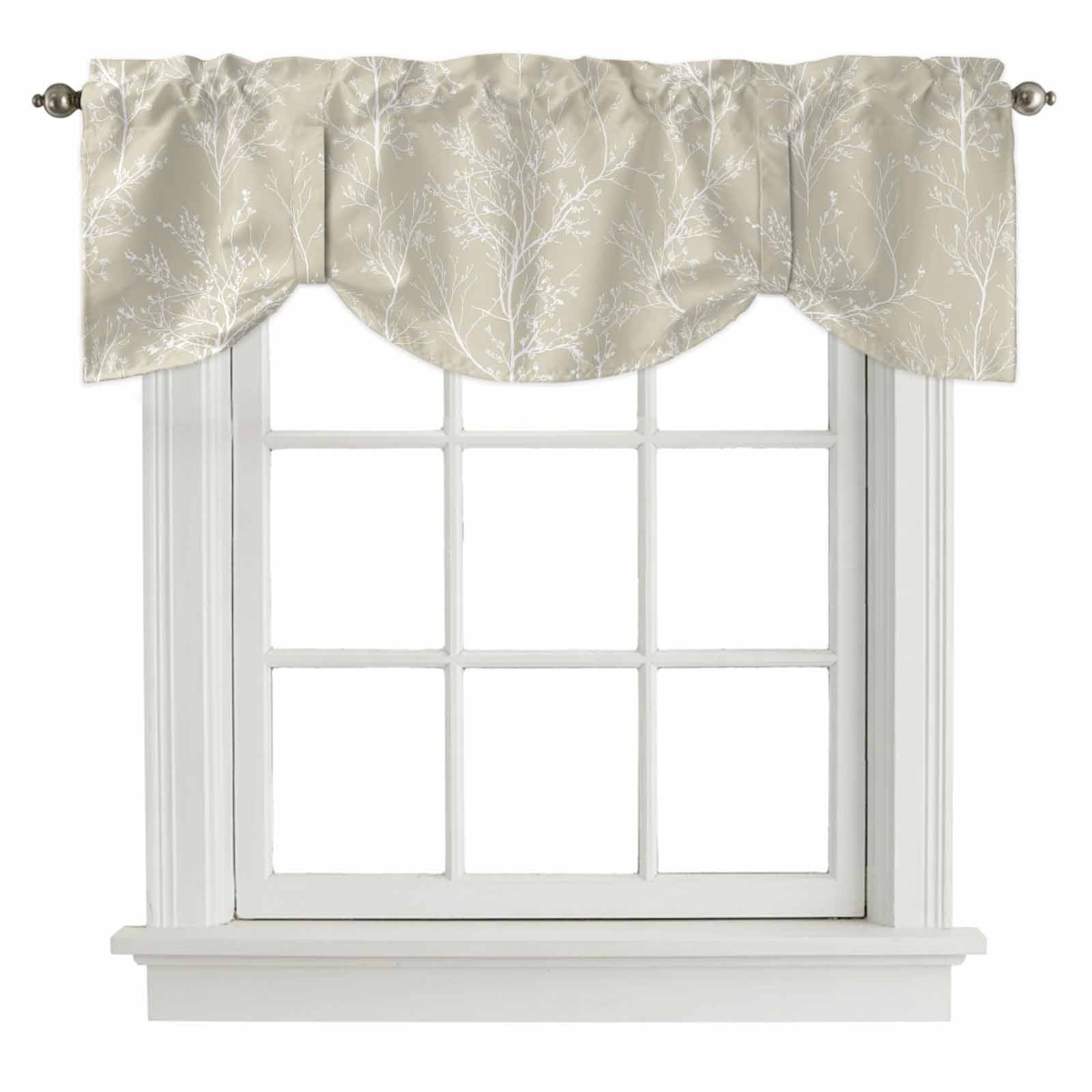 Beige Art Tie Up Valance Curtains White Tree Branch Botanical Abstract ...