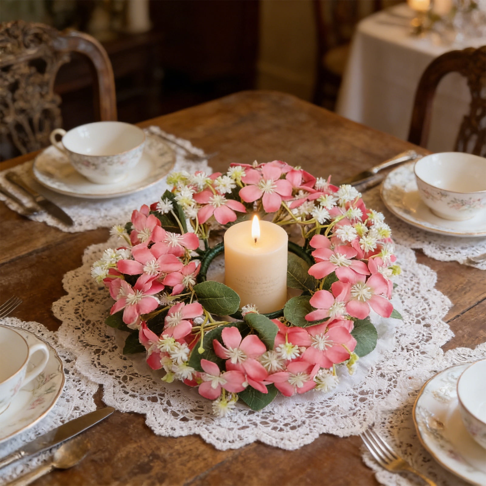 Beige Artificial Wildflower Candle Ring Wreath - 7.87in Plastic Floral ...