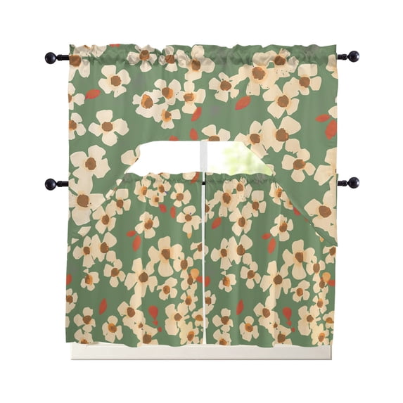 Beige Artwork Floral Kitchen Curtains Set for Windows 3 Piece Cafe ...
