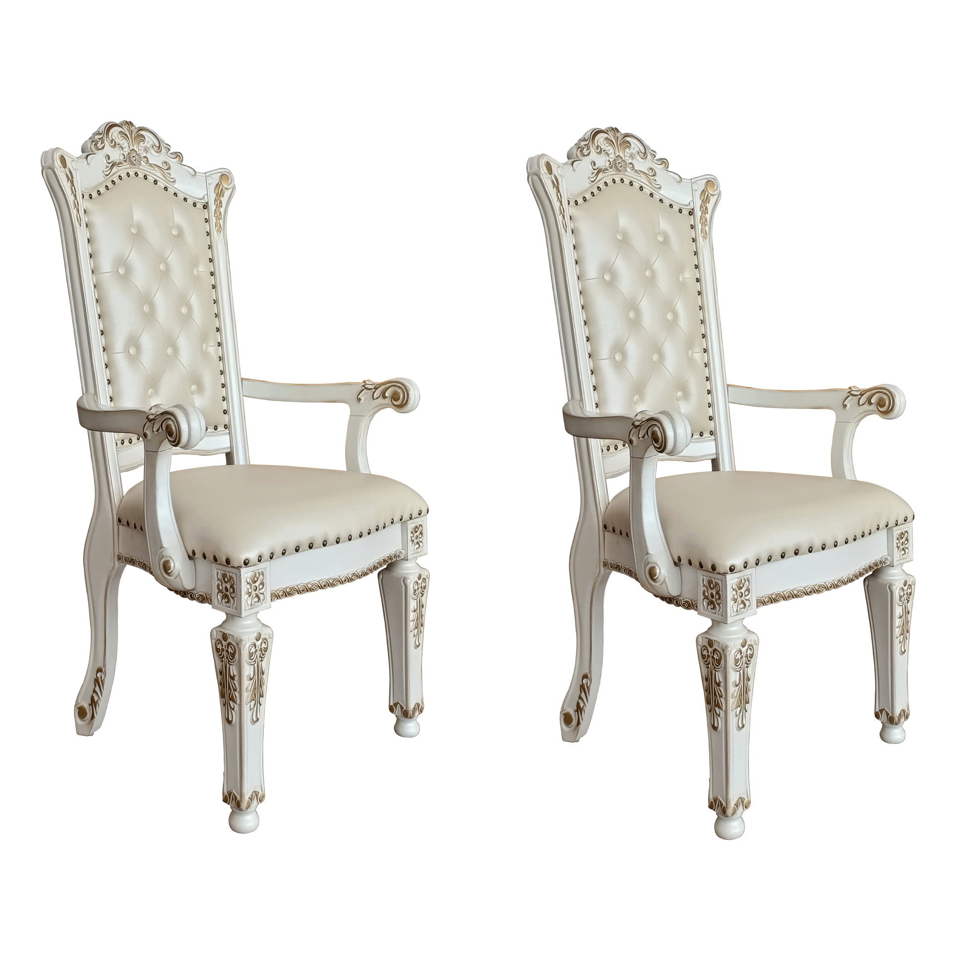 Beige Back Arm Chairs, Of 2, Classic Dining Room Seating, Faux Leather ...