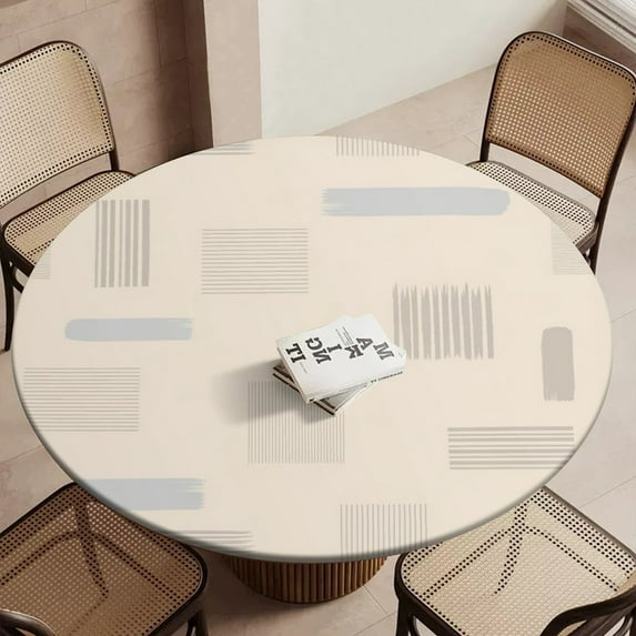 Beige Background Abstract Line Pattern Round Table Cover Kitchen Printed Waterproof Tablecloth ...