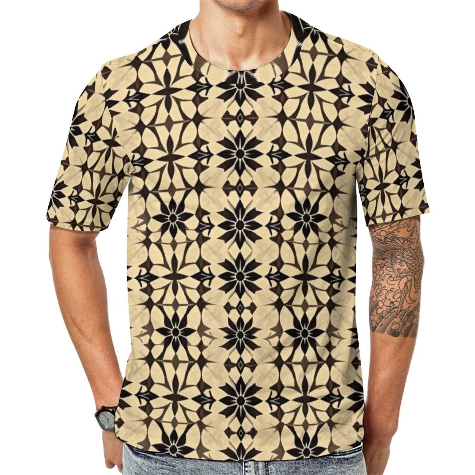 Beige Background Dark Floral Pattern Repeat Design T-Shirt Man Fun Gym ...