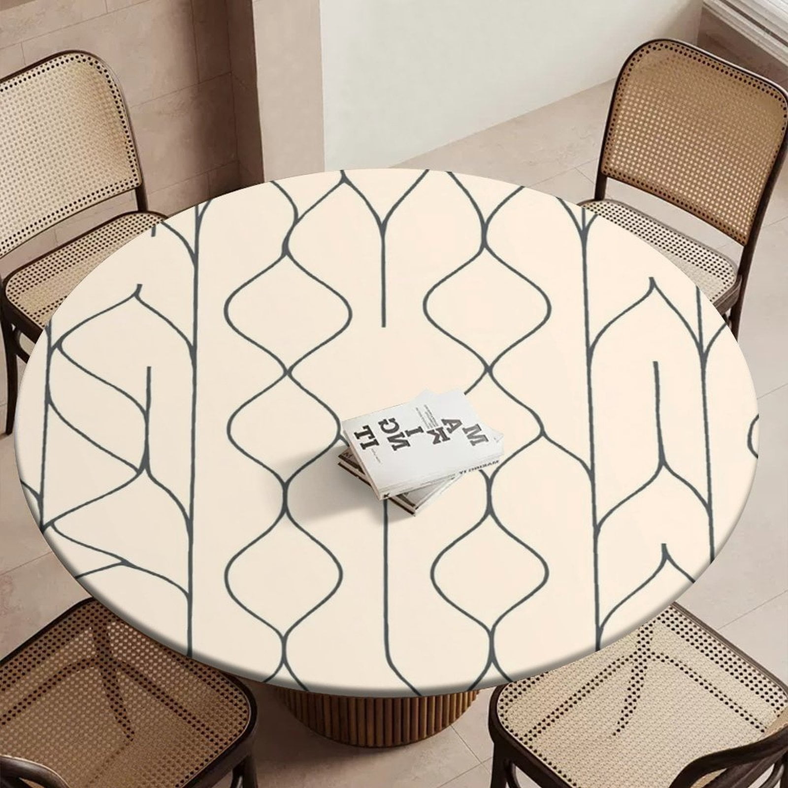 Beige Background Dark Lines Pattern Round Table Cover Kitchen Printed ...