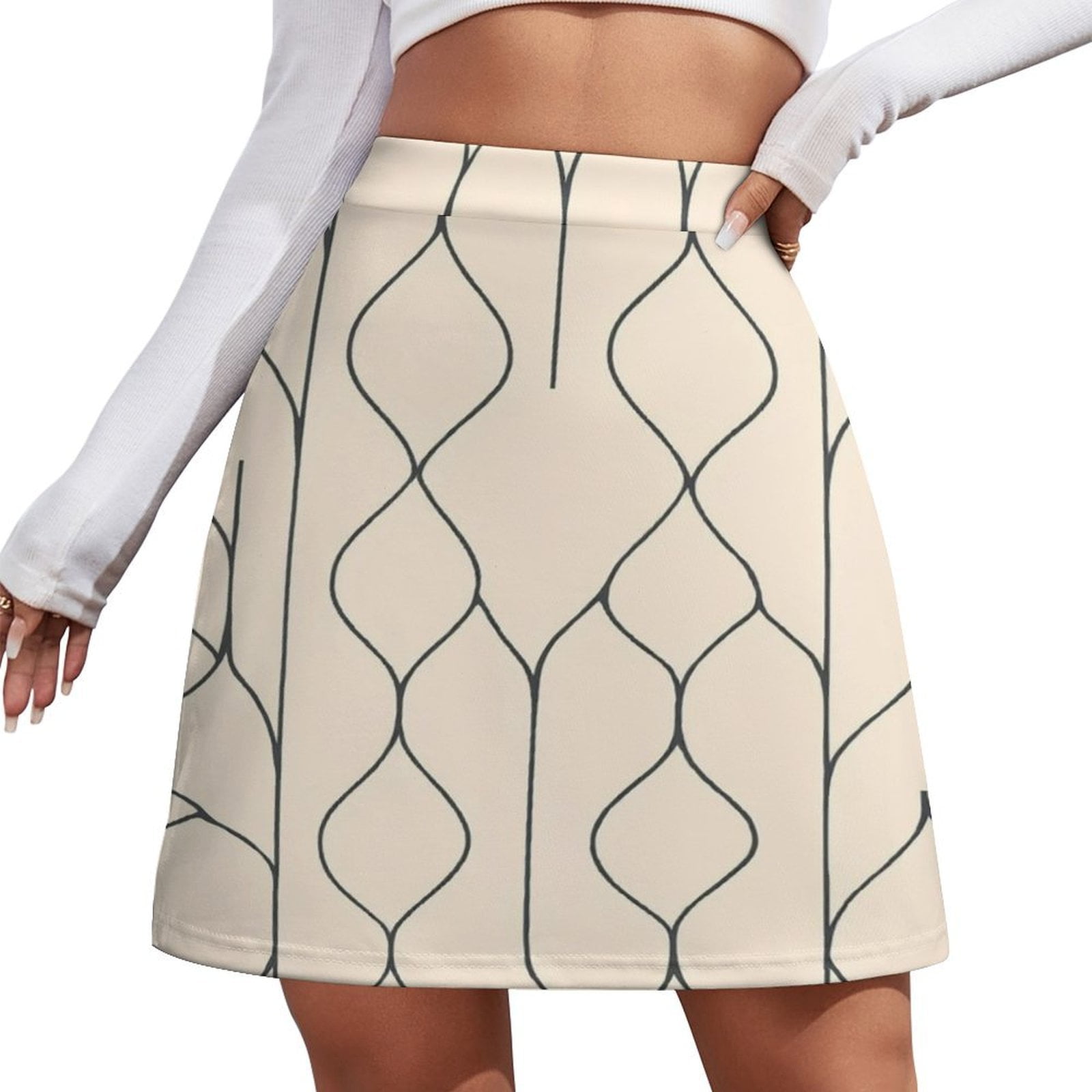 Beige Background Dark Lines Pattern Women's High Waist Skirt Stretchy ...