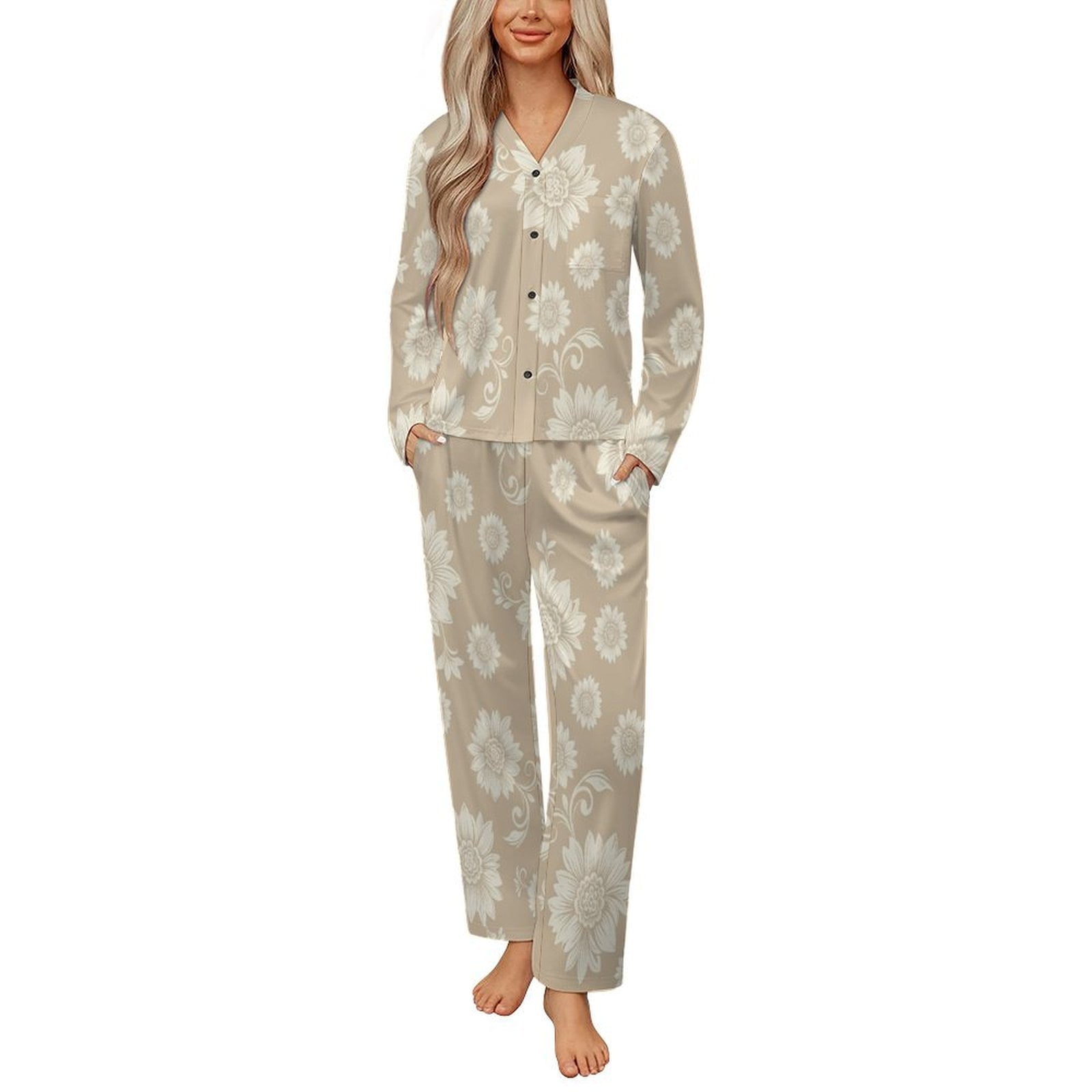 Beige Background Floral Pattern Womens Pyjamas Set Button Up Pyjamas ...