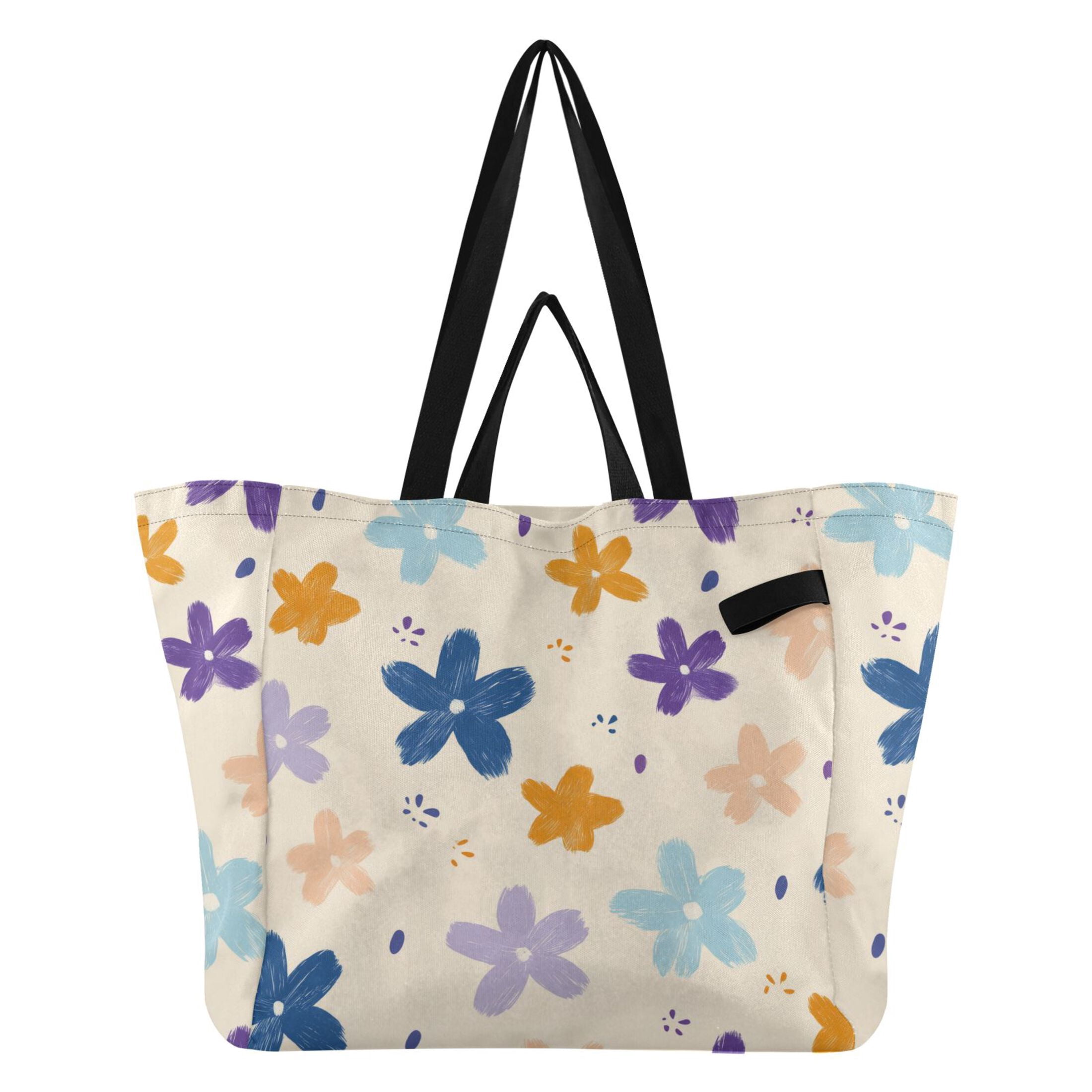 Beige Background Hand Drawn Colorful Florals Foldable Canvas Tote Bags ...