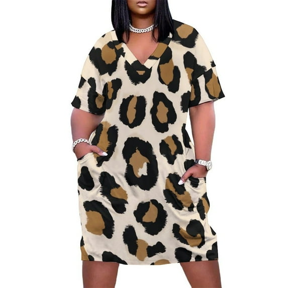 Beige Background Leopard Print Spots Loose Pocket Dress Dresses Summer ...