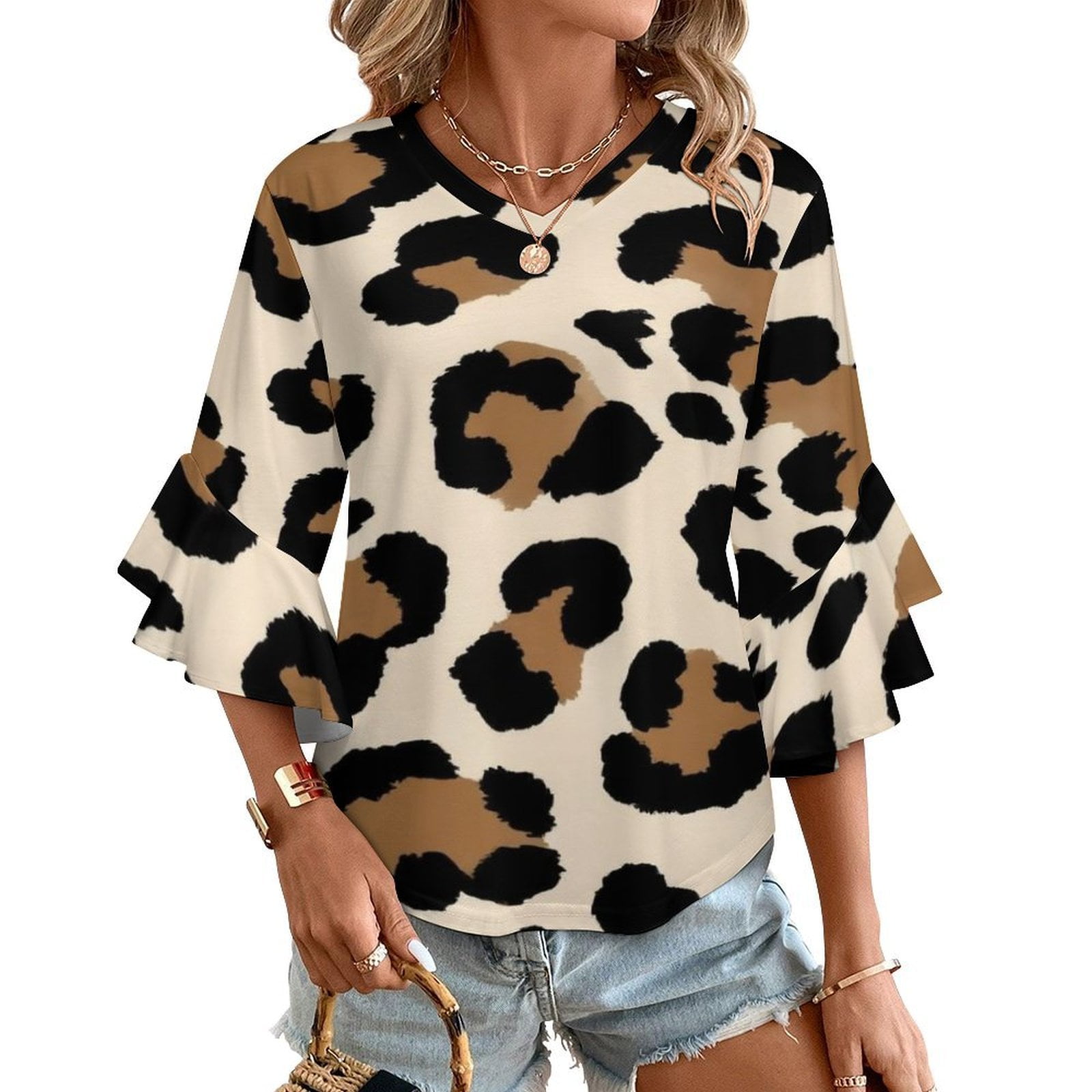 Beige Background Leopard Print Women's V-Neck Blouse With 3/4 Ruffled ...