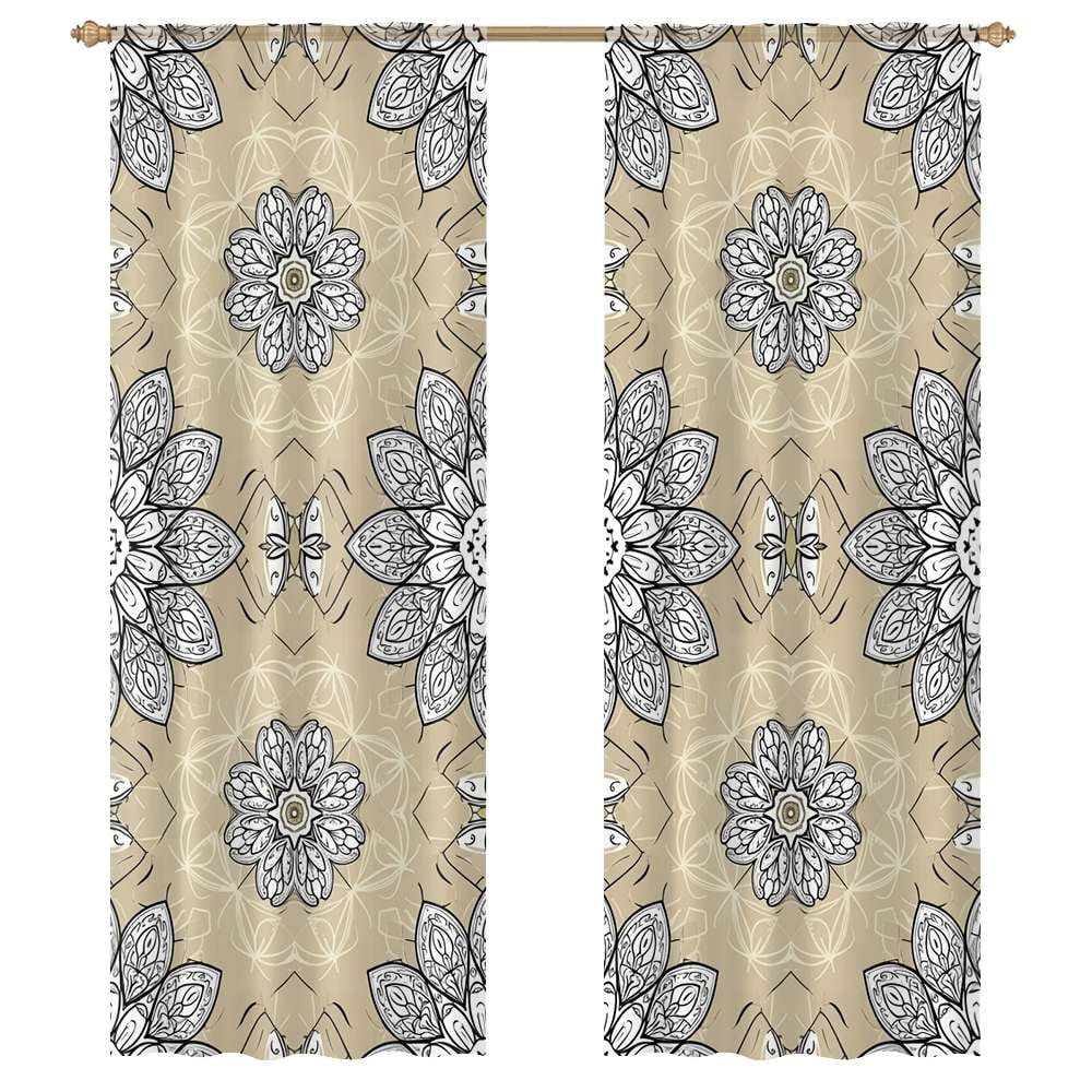 Beige Background Ornate Floral Pattern Modern Tulle Window Curtains for ...