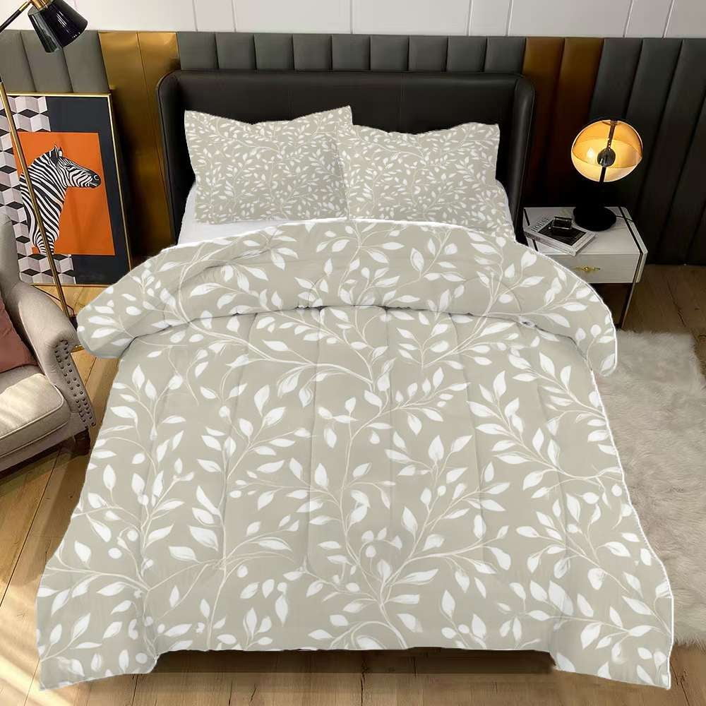 Beige Background White Floral Pattern Comforter Set King Size Bedding ...