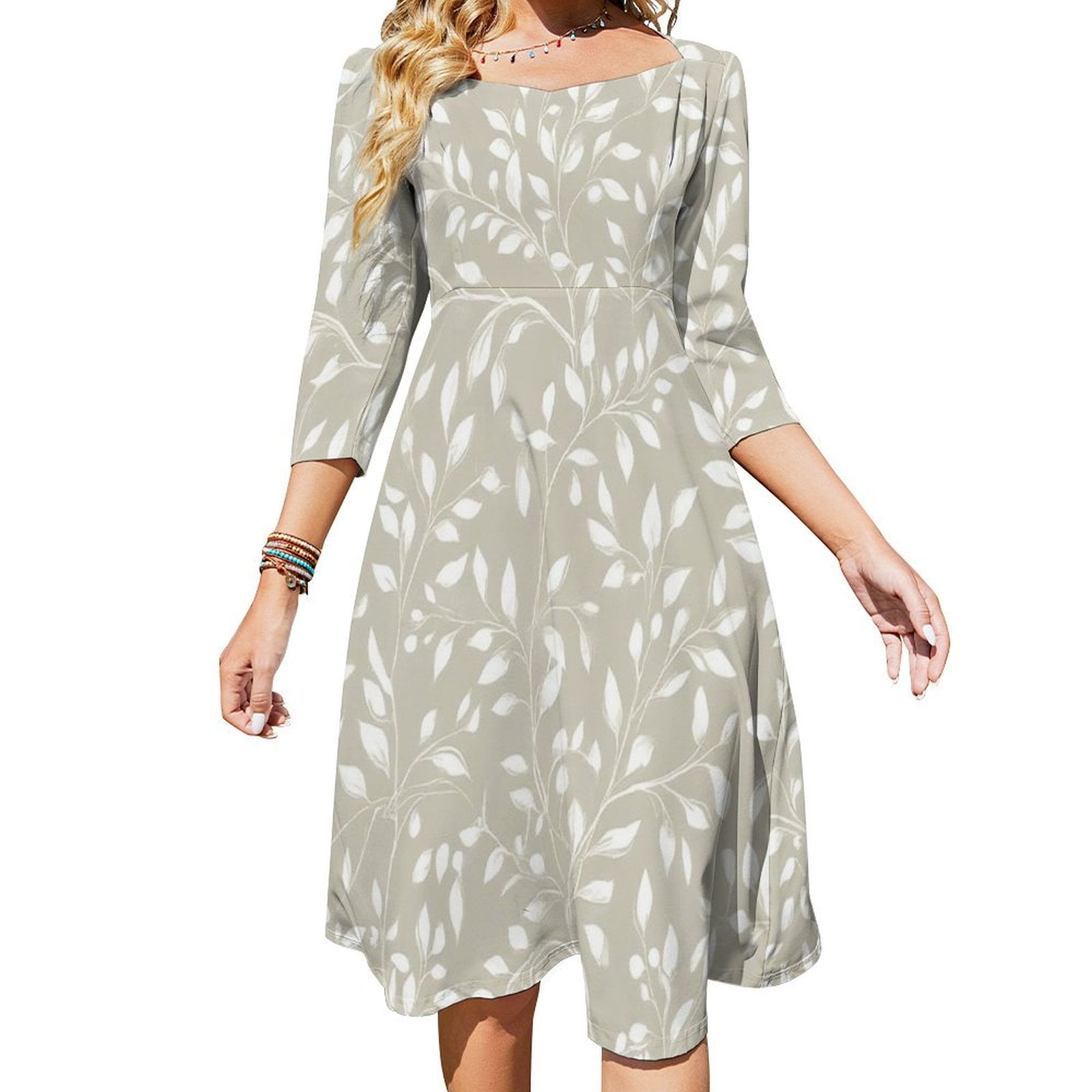 Beige Background White Floral Pattern Dress Summer Dresses Woman Street Style Big Size Casual ...