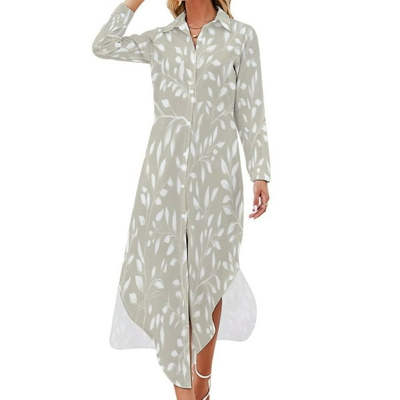 Beige Background White Floral Pattern Shirt Dress Long Sleeve Street ...