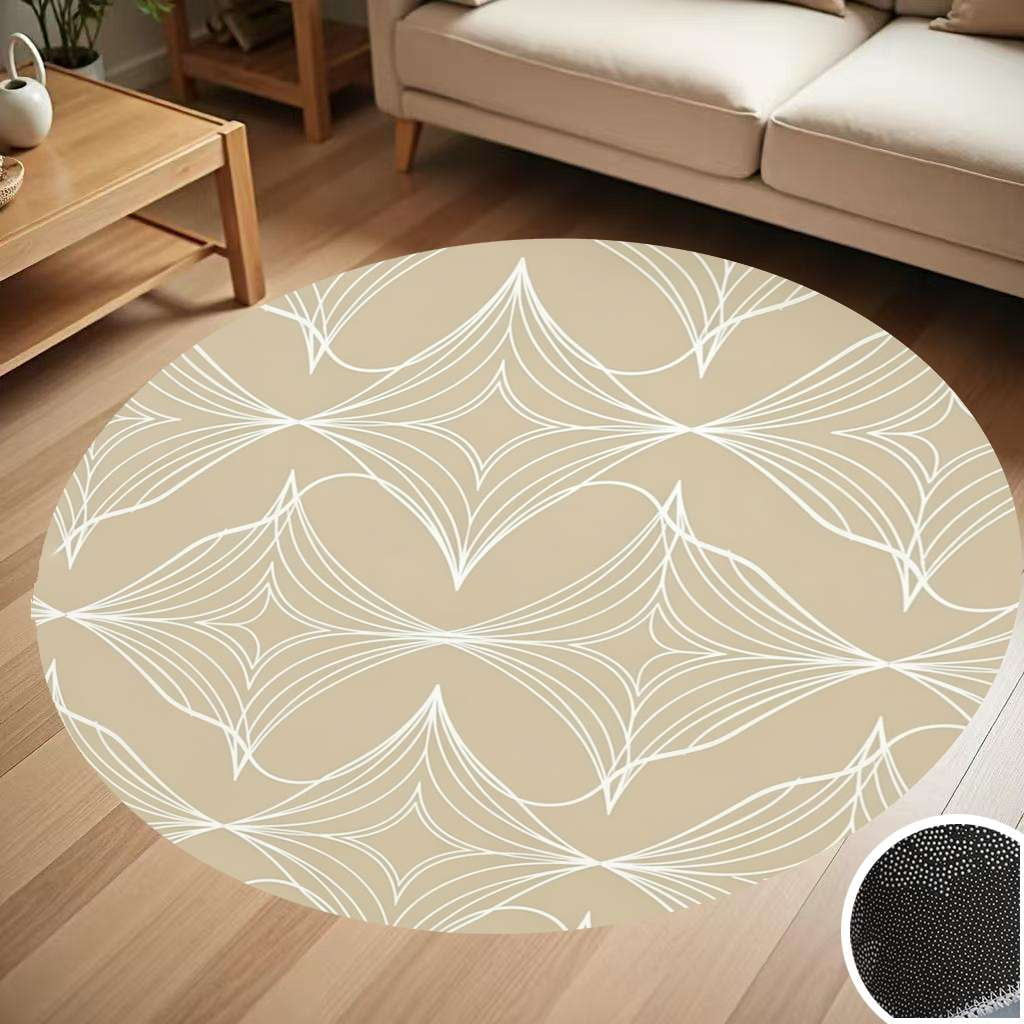 Beige Background White Geometric Pattern Round Carpet Living Room ...