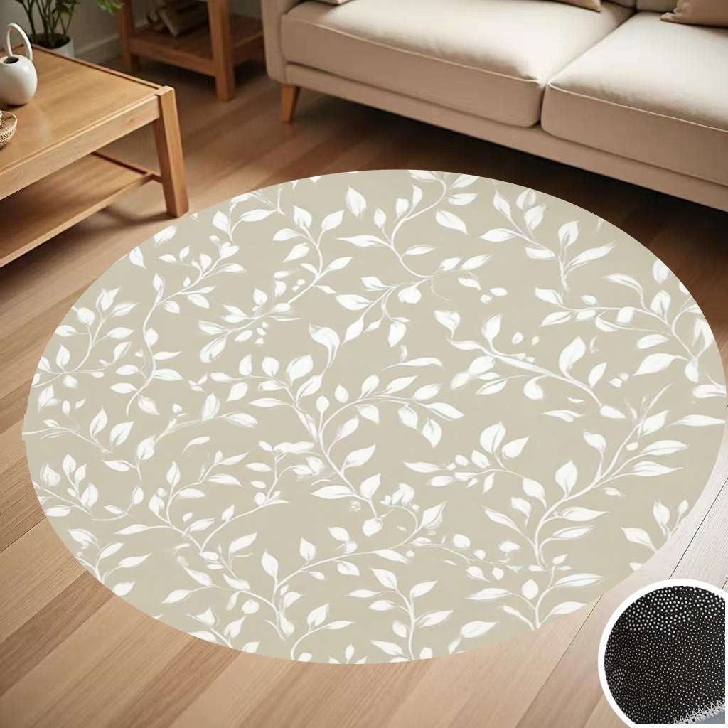 Beige Background White Leaf Pattern Round Carpet Living Room Bedroom ...