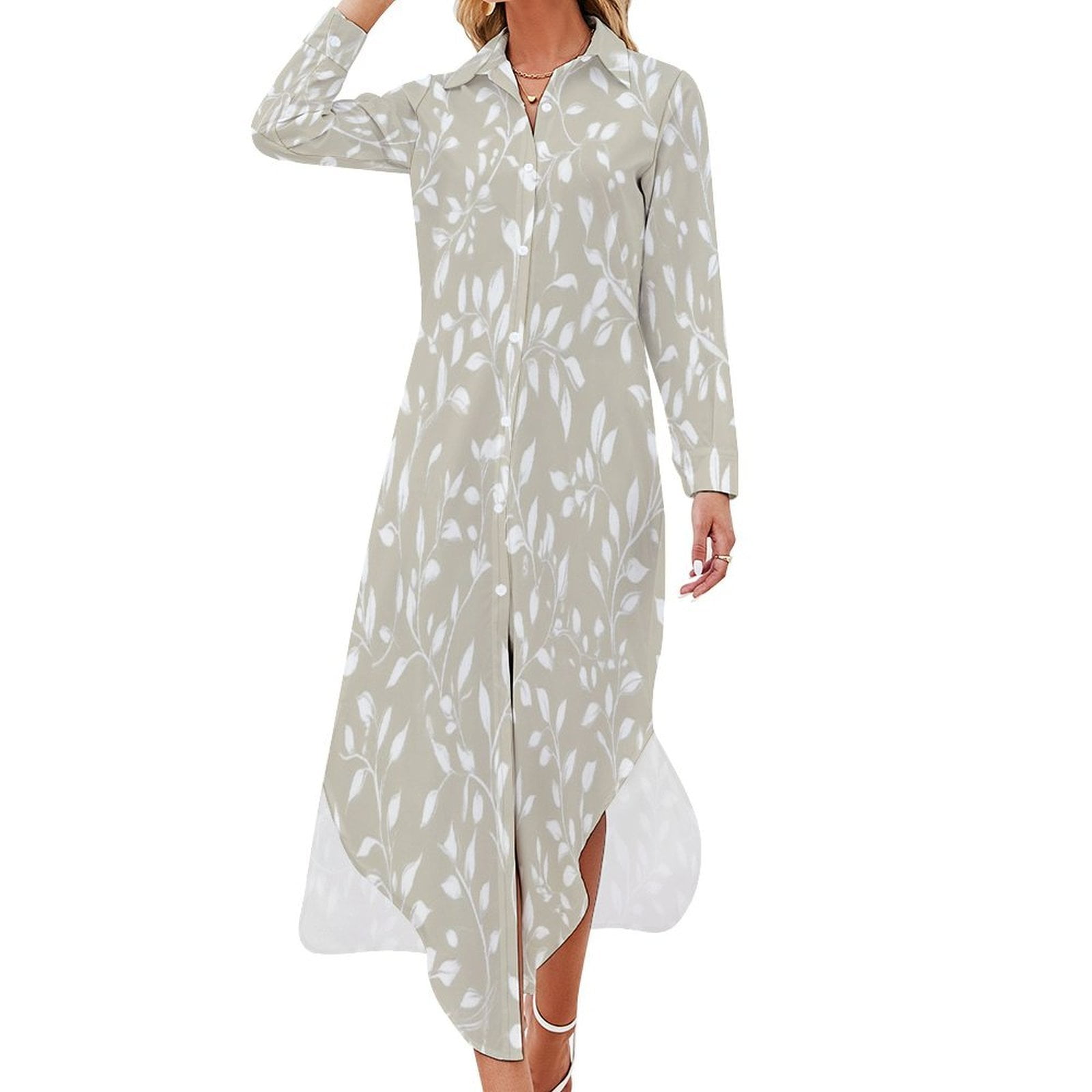Beige Background White Leaf Pattern Shirt Dress Long Sleeve Street Fashion V Neck Oversized ...